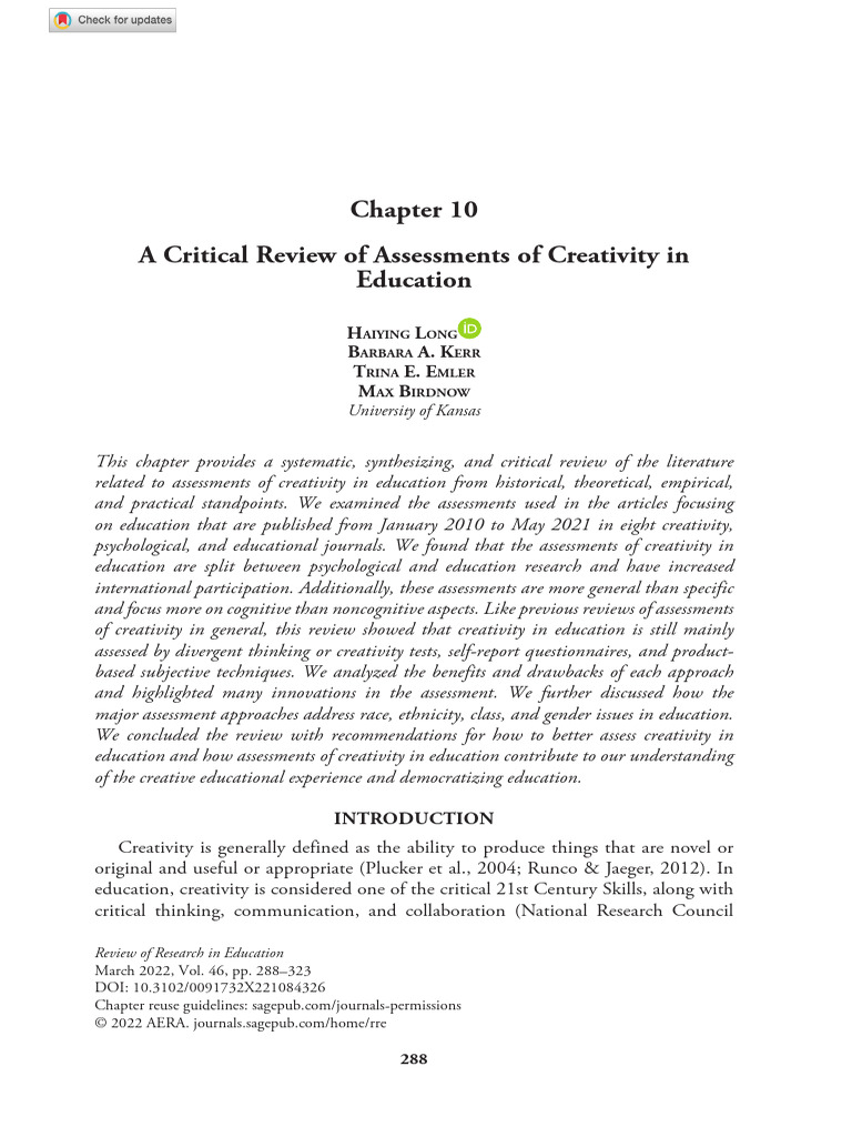 Assessing Creativity in Education: A Review | PDF | Creativity ...