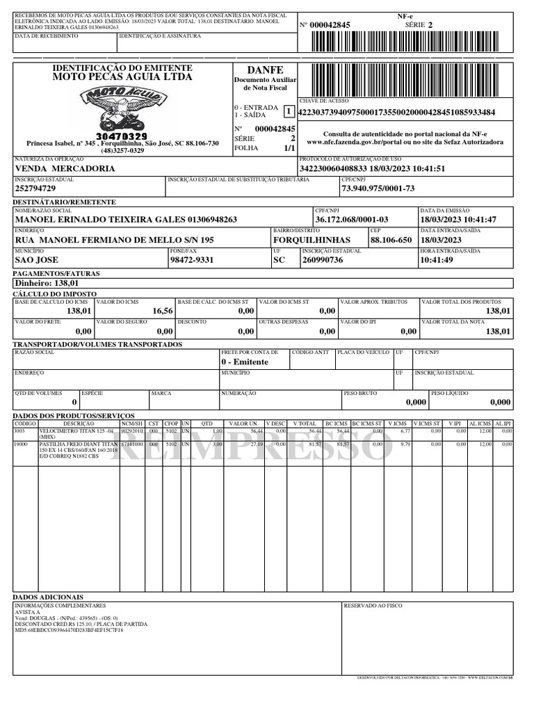 Danfe 42230373940975558855 | PDF