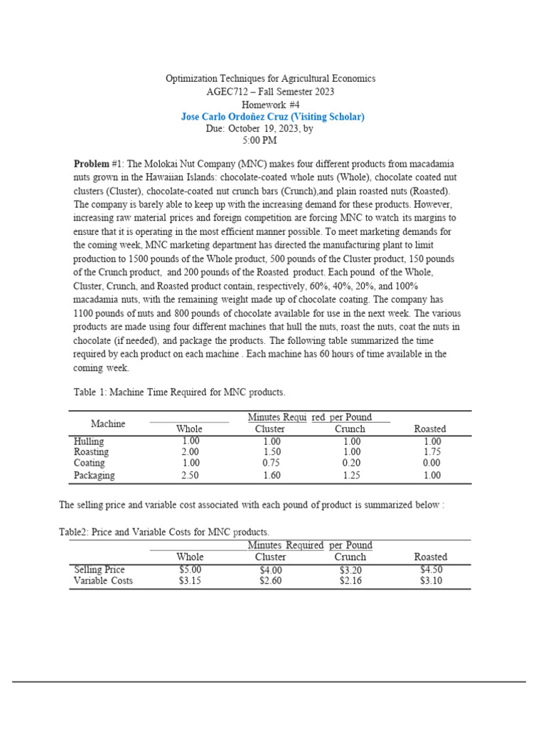 AGEC 712 Homework #4 Fall2023 | PDF