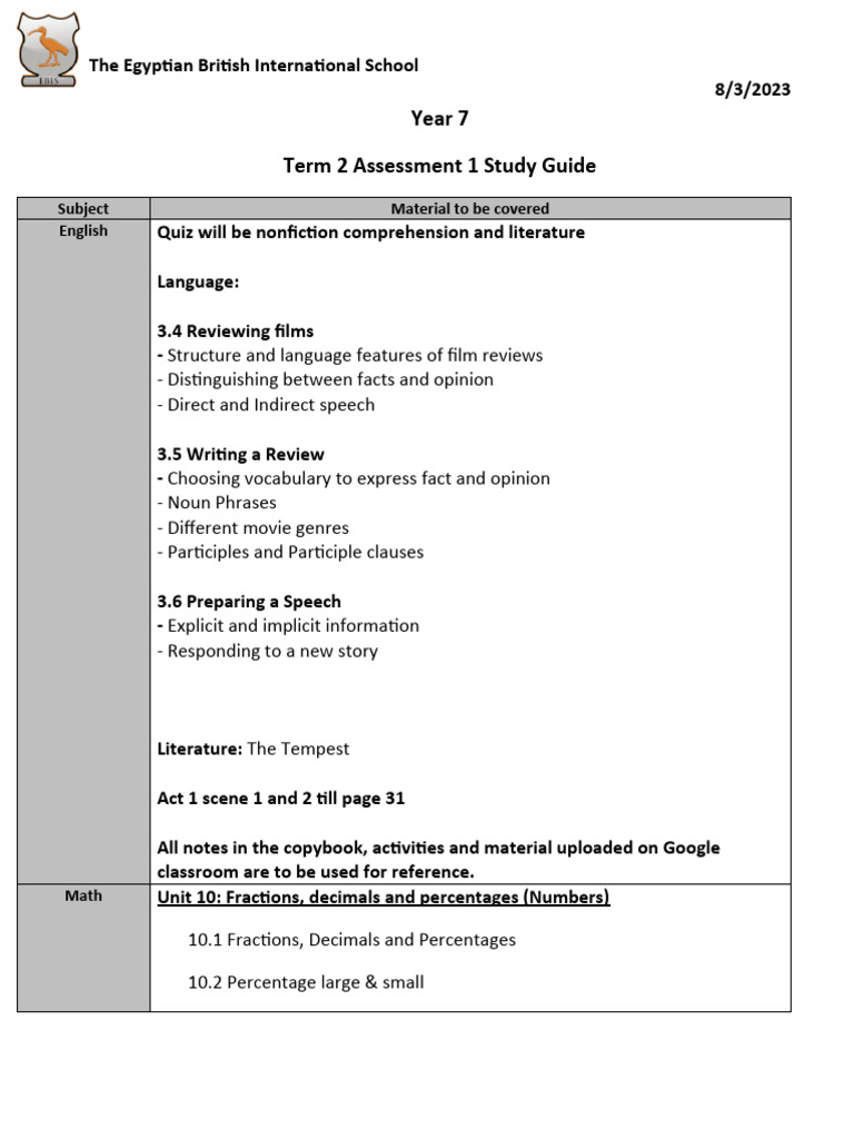 Year 7 Term 2 Assessment Study Guide | PDF | Science & Mathematics