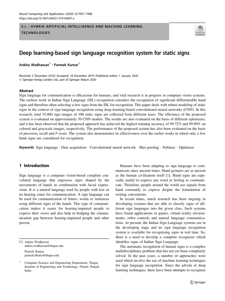 Deep Learning-Based Sign Language Recognition System For Static Signs | PDF | Deep Learning ...