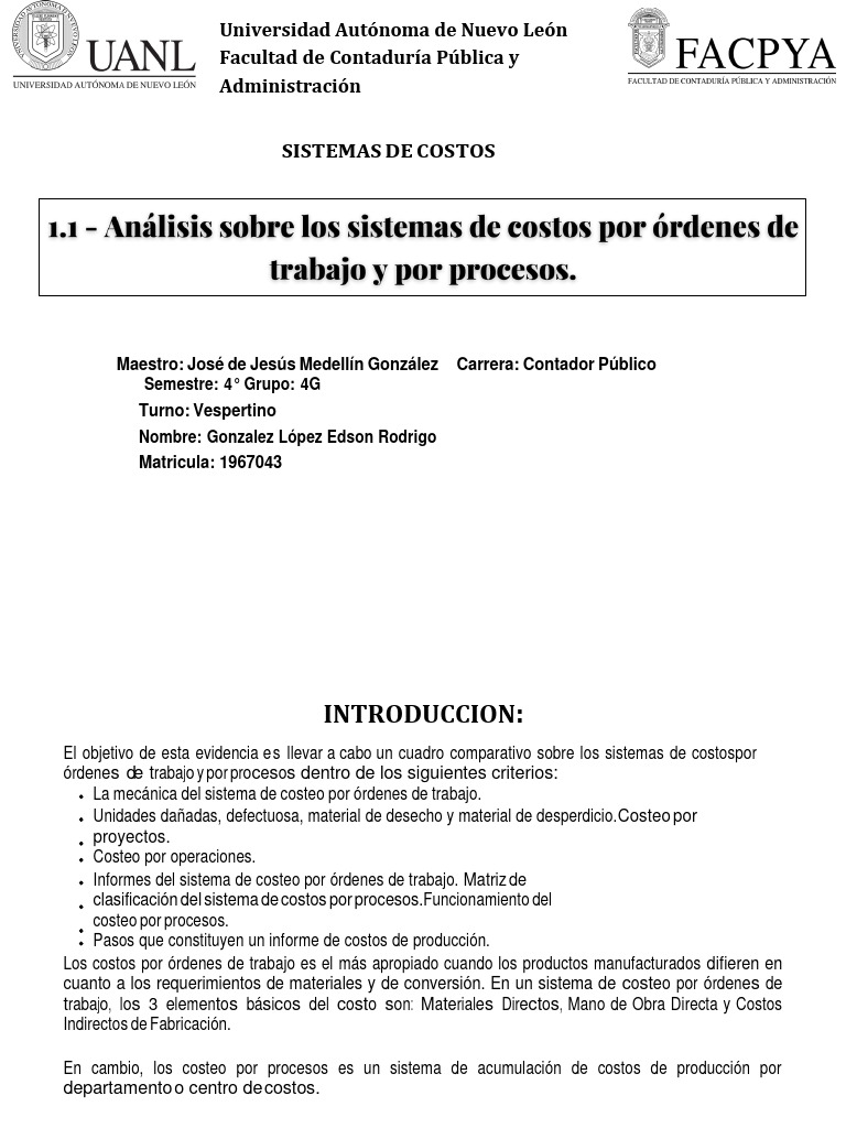 Ev - 1 Reporte de Analisis Sobre Los Sistemas de Costos Por Órdenes de Trabajo, y Por Procesos ...