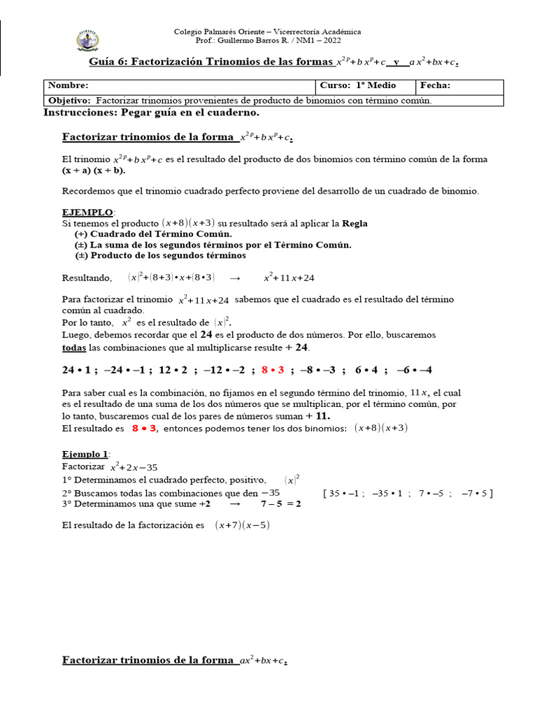 Guía de Factorización de Trinomios | PDF | Factorización | Álgebra