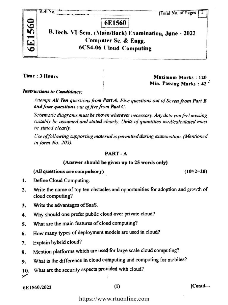 Btech Cs 6 Sem Cloud Computing 6e1560 Jun 2022 | PDF