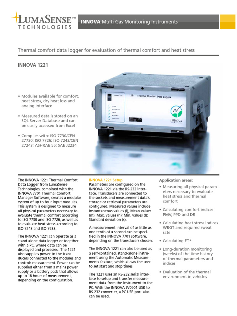 Thermal Comfort Datalogger INNOVA 1221 - Datasheet | PDF | Personal Computers | Heat Transfer