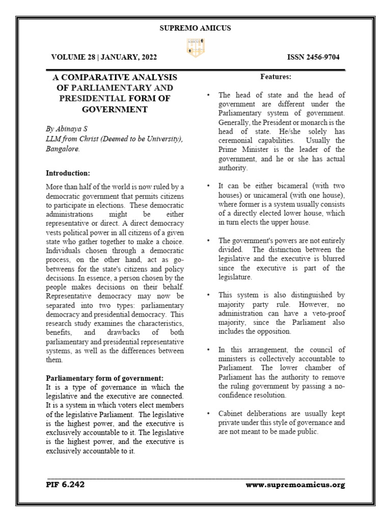 Compare The Parliamentary and Presidential Forms of Government With ...