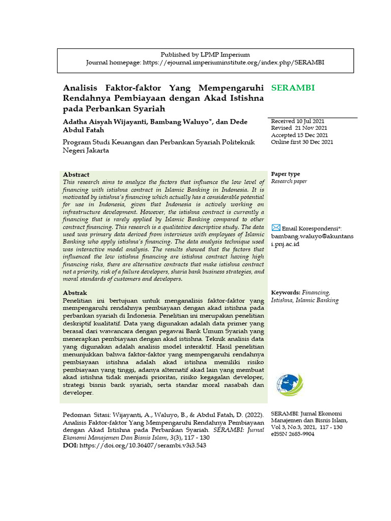 Analisis Faktor-Faktor Yang Mempengaruhi Rendahnya Pembiayaan Dengan Akad Istishna Pada ...