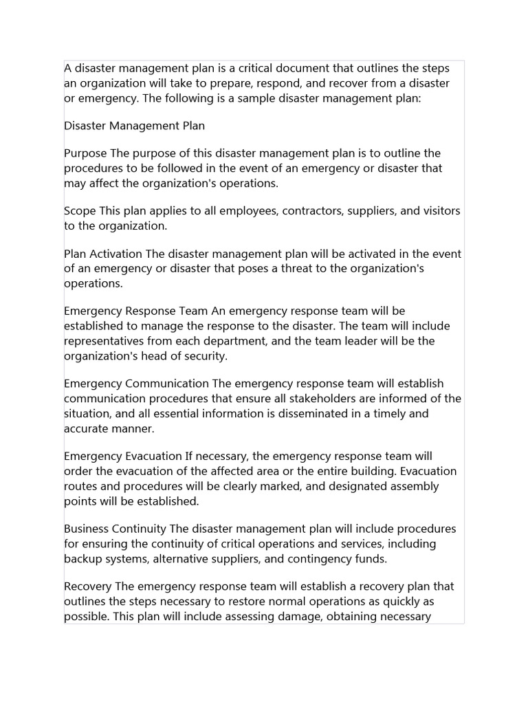 A Disaster Management Plan Is A Critical Document That Outlines The ...