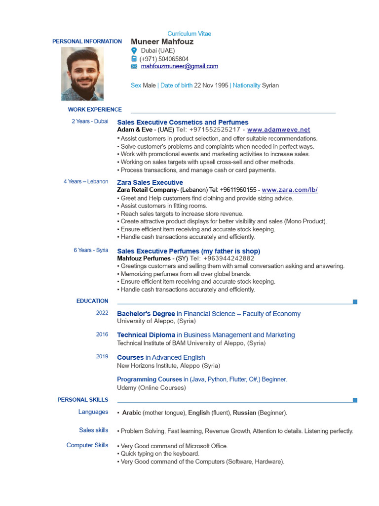 Muneer Mahfouz CV - 0504065804 | PDF | Sales | Cash