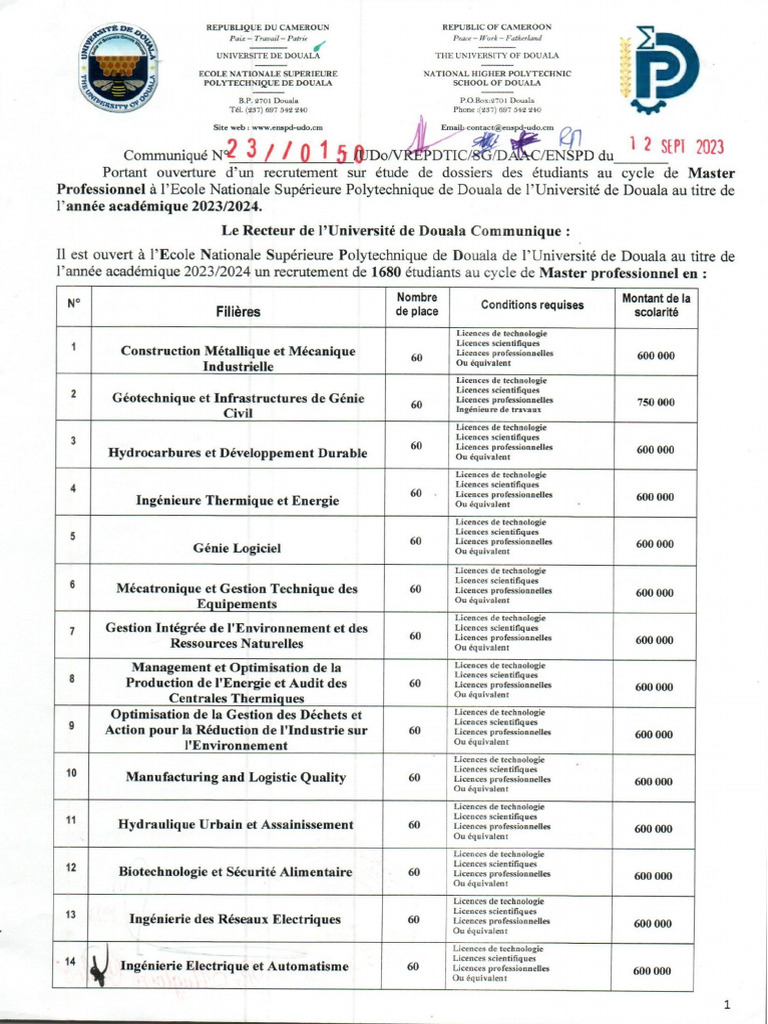 Concours ENSPD Master Professionnel 2023-2024 | PDF