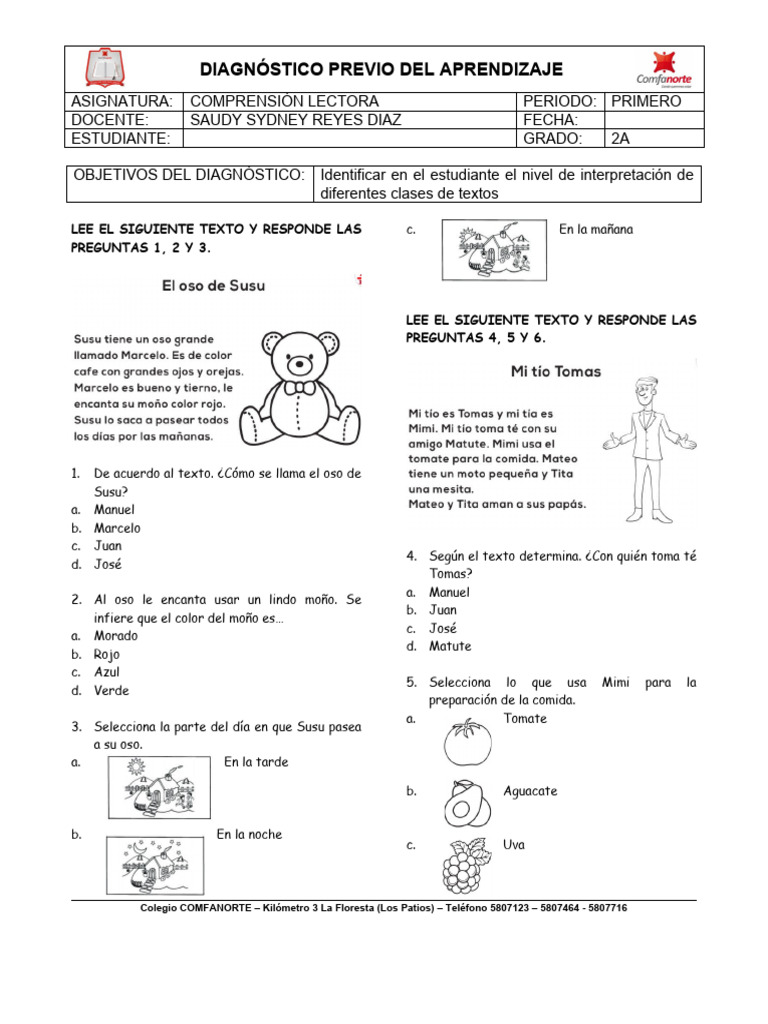 Diagnóstico de Comprensión Lectora 2A | PDF | Aprendizaje | Pedagogía