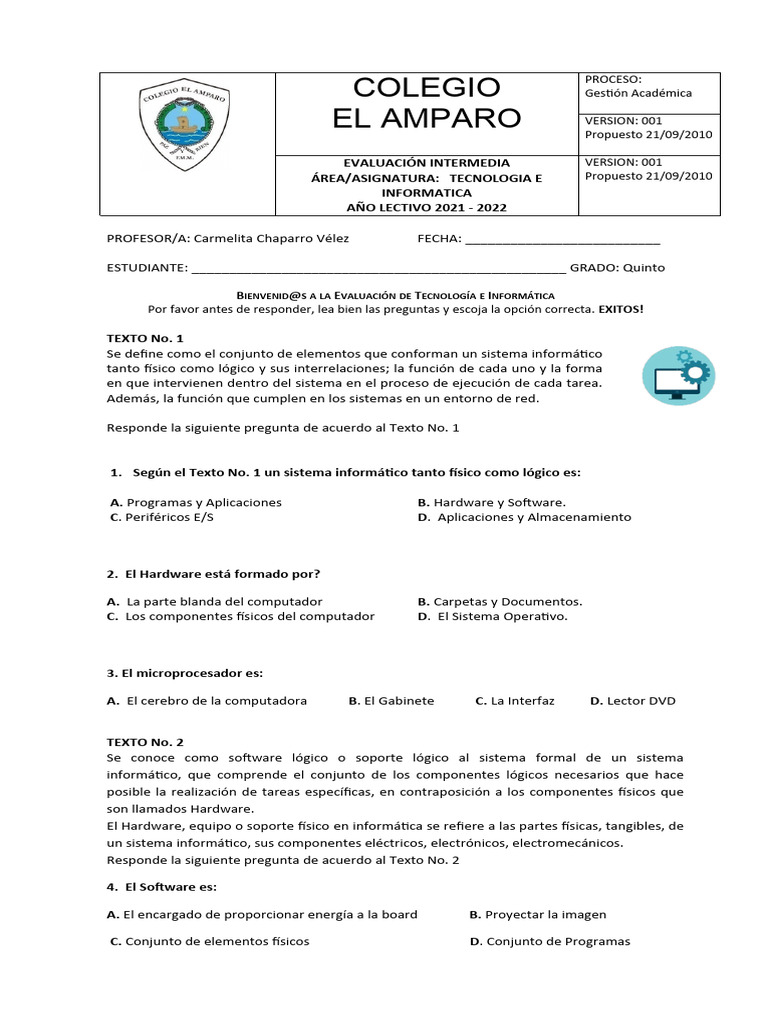 Evaluacion Intermedia Grado Quinto | PDF