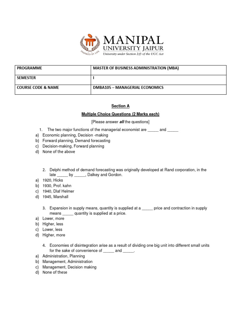 MBA Managerial Economics Exam Questions | PDF