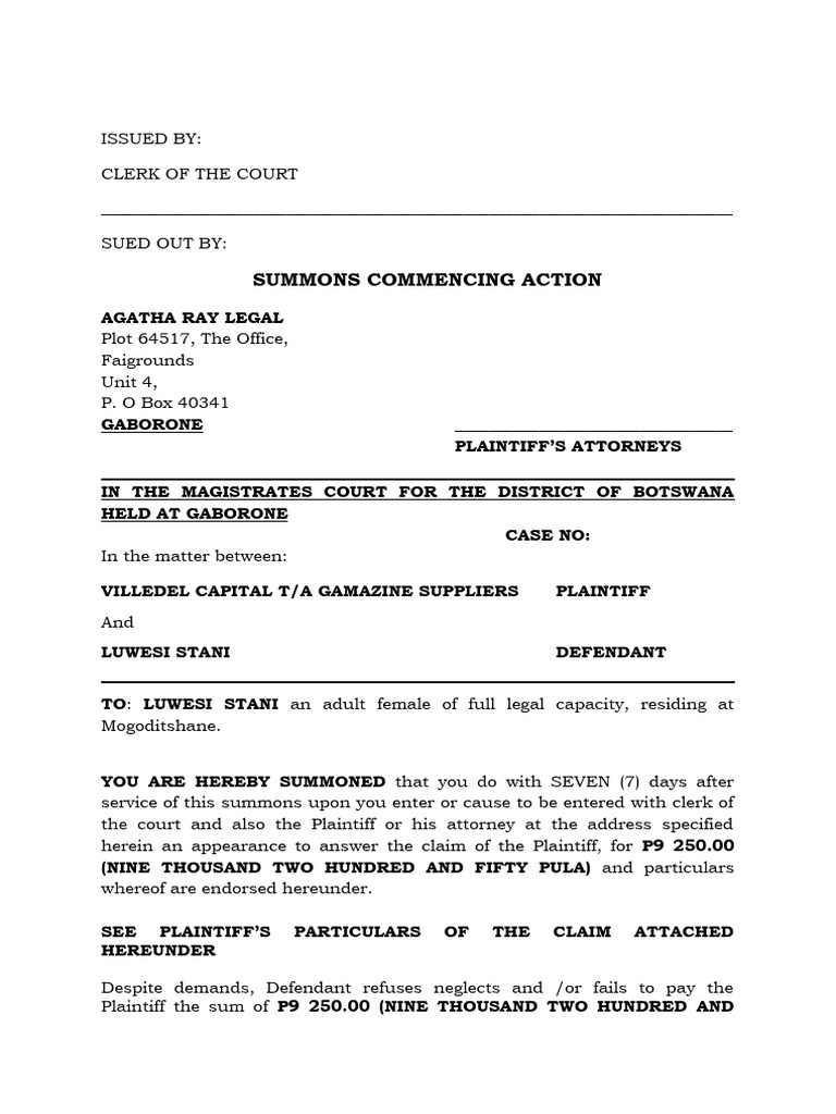 Summons for Payment in Gaborone Case | PDF | Summons | Lawsuit