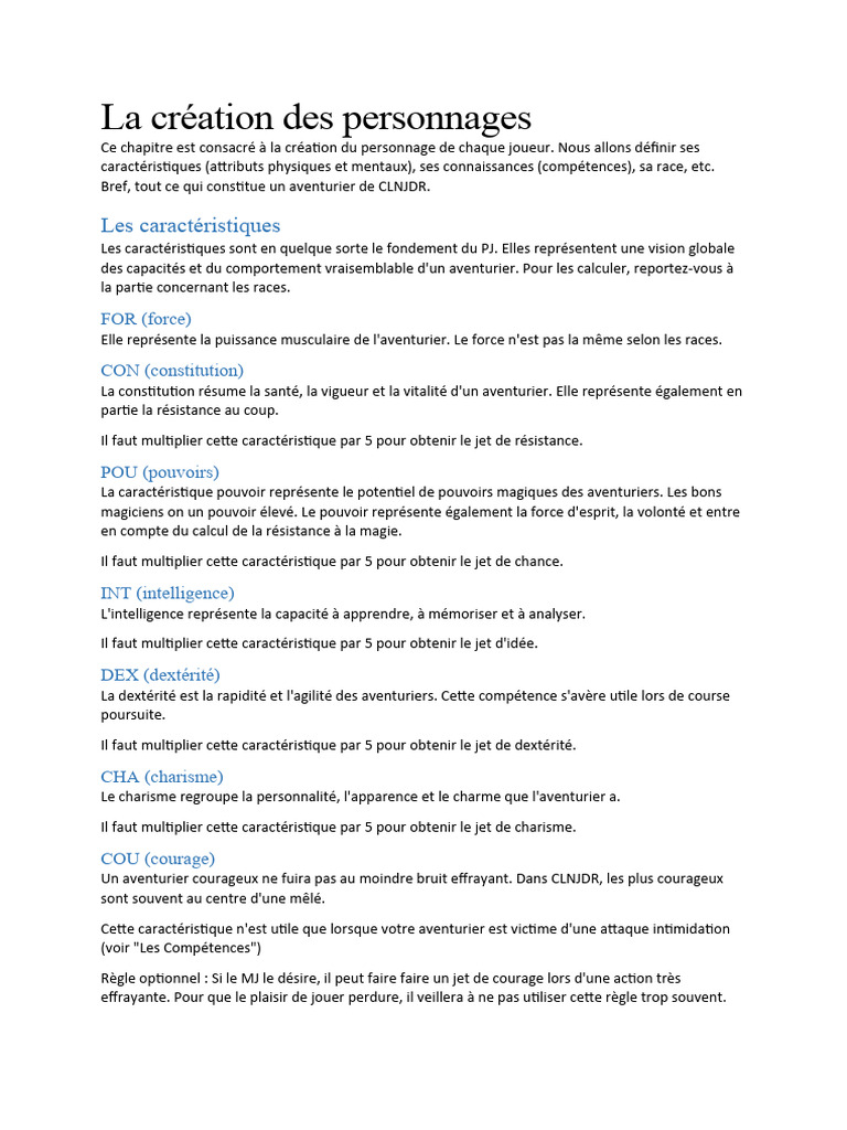 Création de Personnage JDR détaillée | PDF