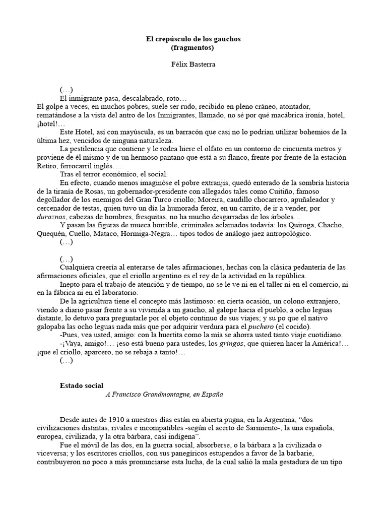 Félix B. Basterra, El Crepúsculo de Los Gauchos | PDF | Historia | Clásicos