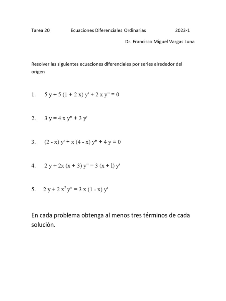 Tarea 20 Ecuaciones Diferenciales 2023-1 | PDF
