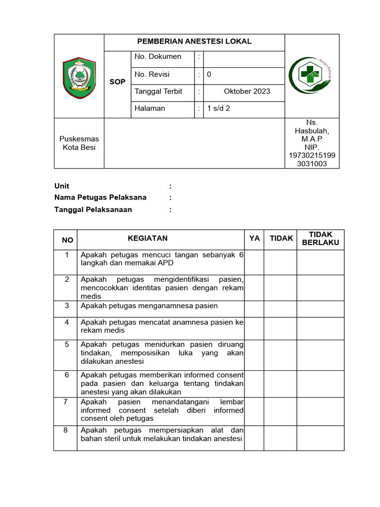 Form Kegiatan Pemberian Anestesi Lokal | PDF