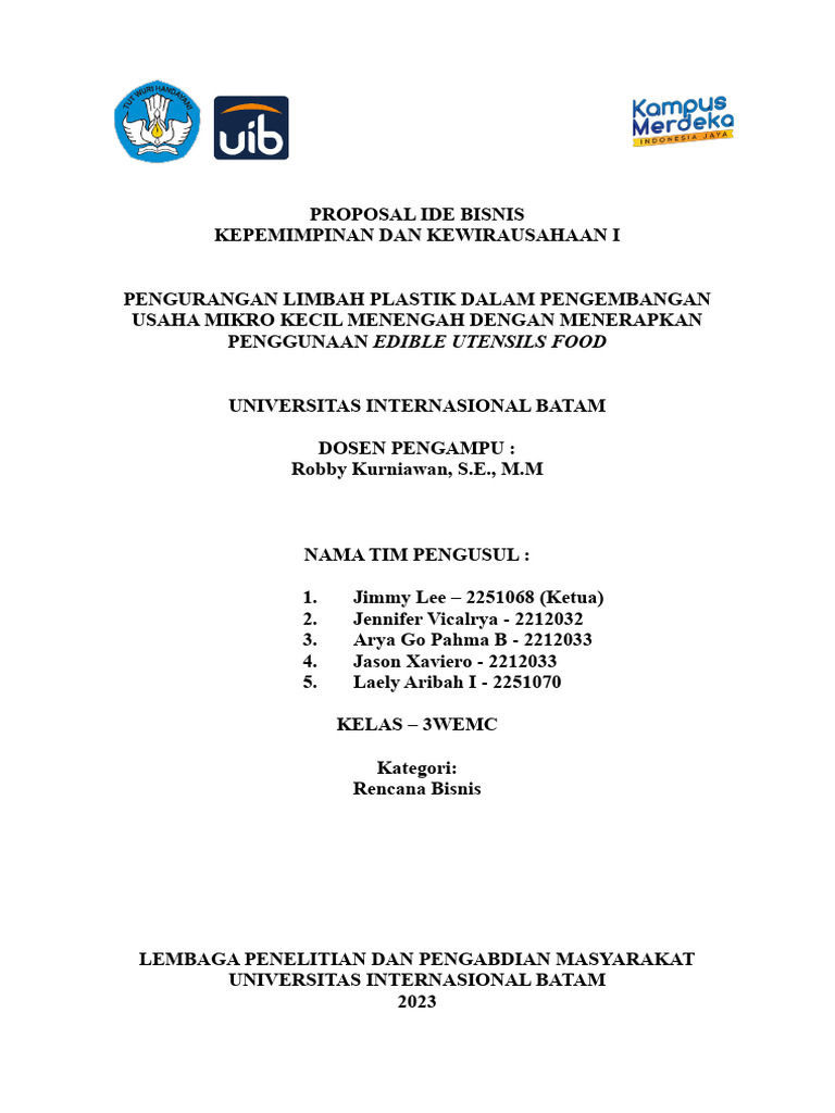 Proposal Ide Bisnis (Edible Utensils Food) - Kelompok 8 3wemc | PDF