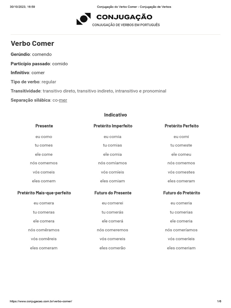 Conjugação do Verbo Comer - Conjugação de Verbos | PDF | Mecânica da ...