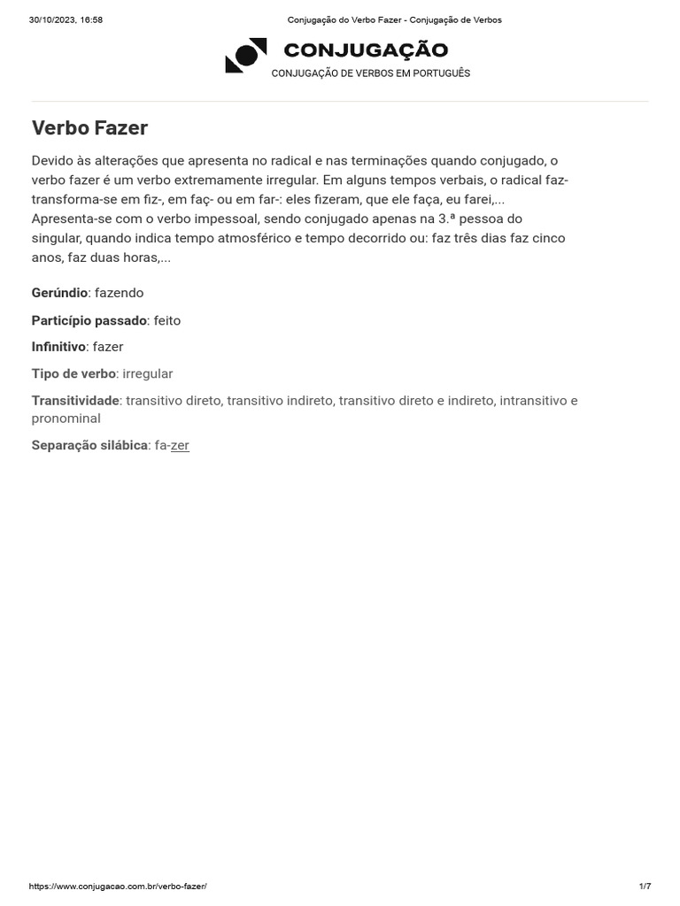 Conjugação Do Verbo Fazer - Conjugação de Verbos | PDF