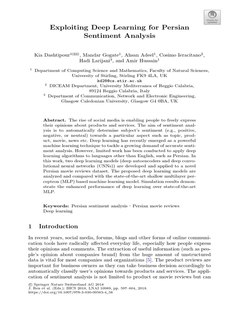 Exploiting Deep Learning For Persian Sentiment Analysis | PDF | Deep Learning | Cybernetics