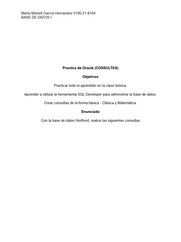 Consultas SQL en Oracle para BD Northwind | PDF | Bases de datos | Gestión de tecnología de la ...