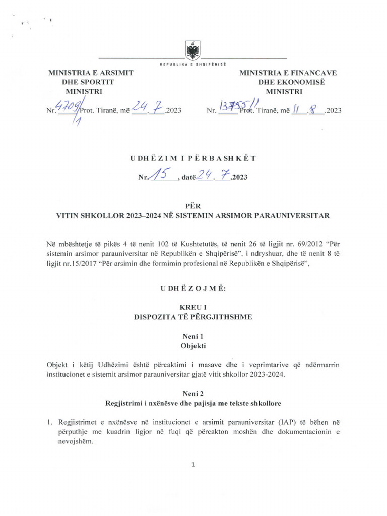Udhezim-NR.15-date-24.7.2023-fillimi I Vitit Shkollor 23-24 | PDF