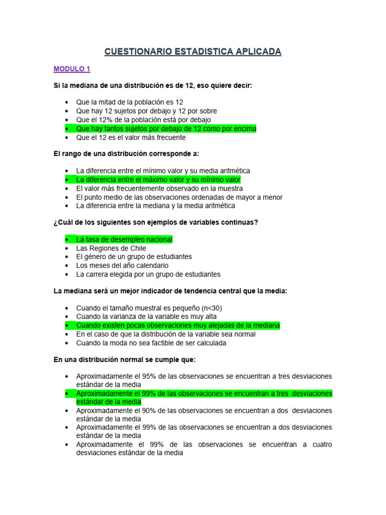 Cuestionario Estadística Aplicada Margarita | PDF