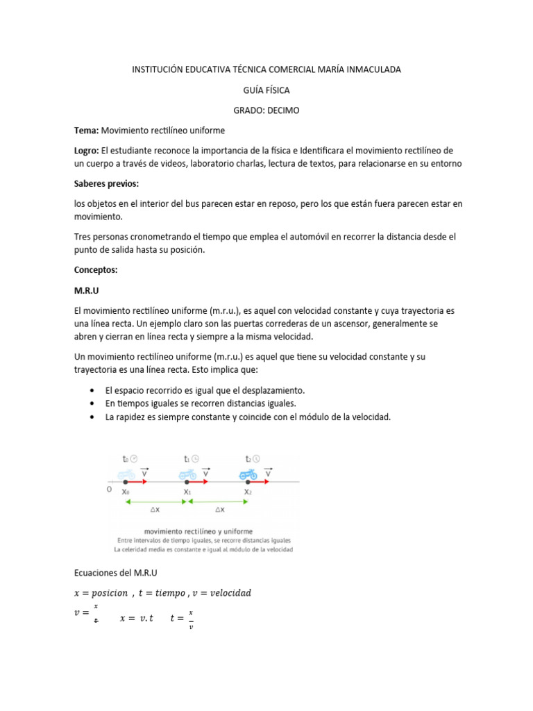 GUIA FISICA DECIMO Tema Movimiento Rectilíneo Uniforme | PDF | Velocidad | Física