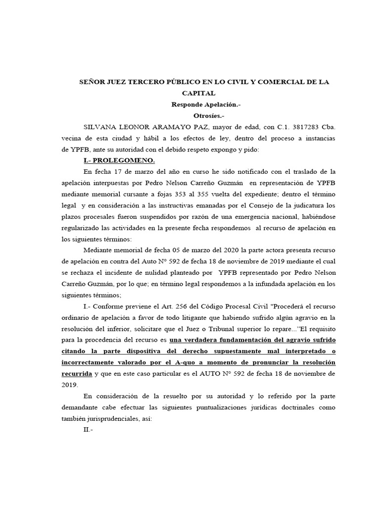 Responde Apelacion - Silvana Aramayo - Ypfb | PDF | Apelación | Juez Responde Apelacion - Silvana Aramayo - Ypfb | PDF | Apelación | Juez
