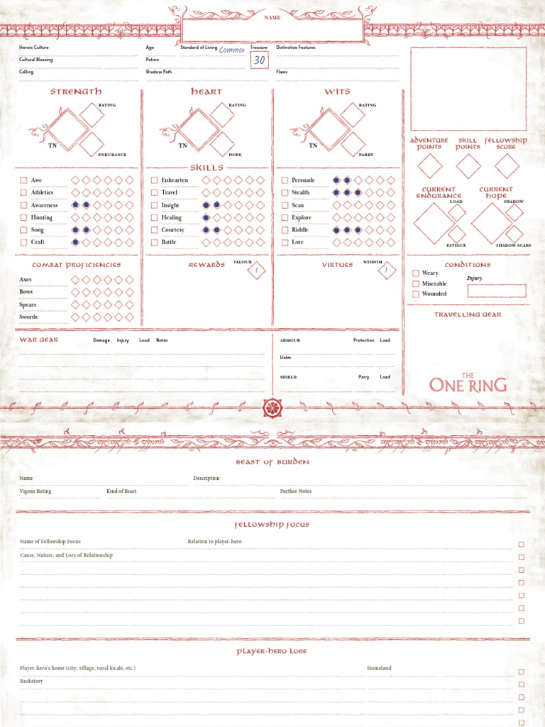 TOR Hobbit Character Sheet With Back Fillable | PDF