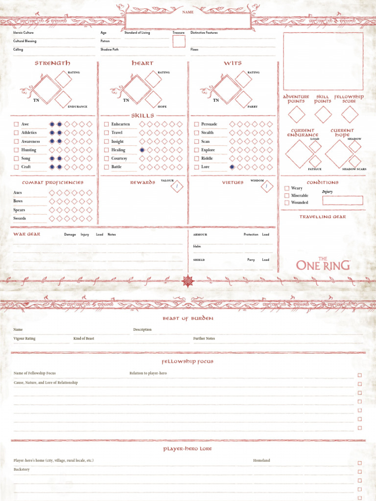 TOR Elf Character Sheet With Back Fillable | PDF