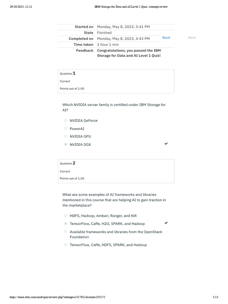IBM Storage For Data and AI Level 1 Quiz - Attempt Review | PDF