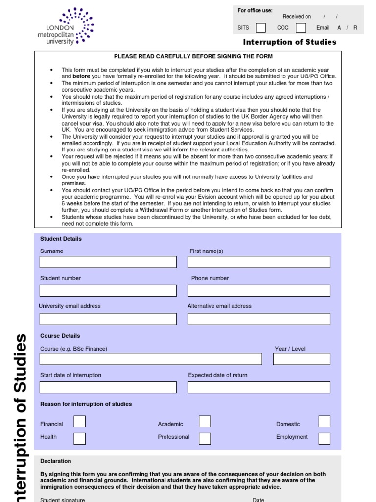Interruption of Studies Form | PDF | Travel Visa | Academic Term