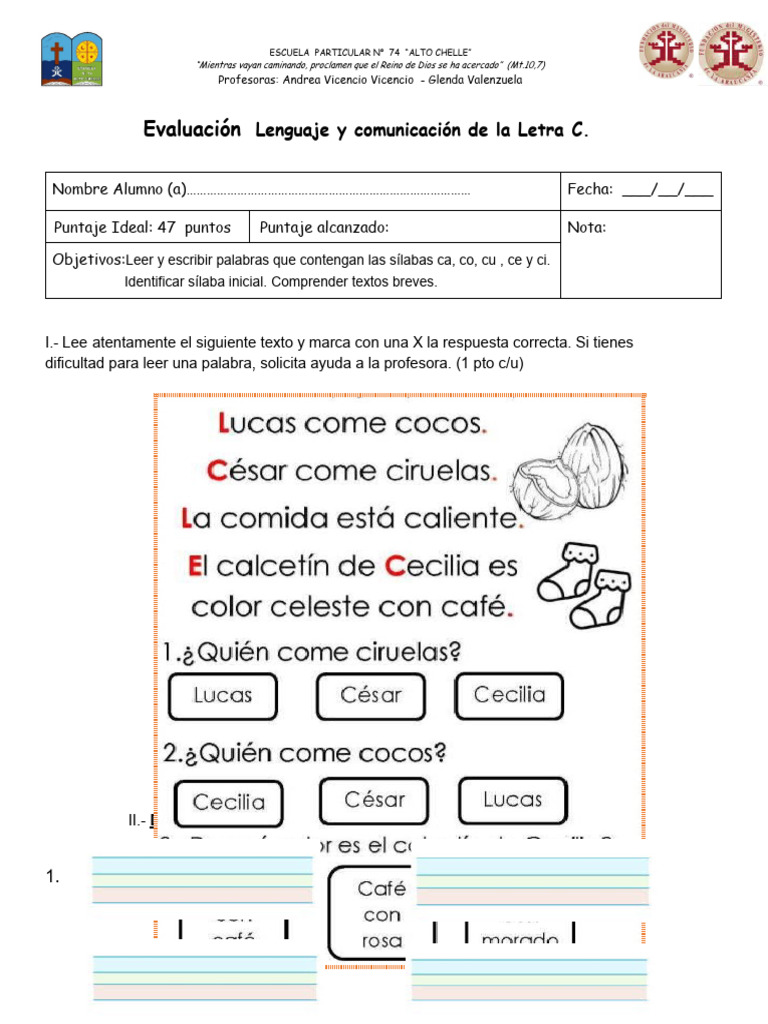 Prueba Letra C 1° | PDF