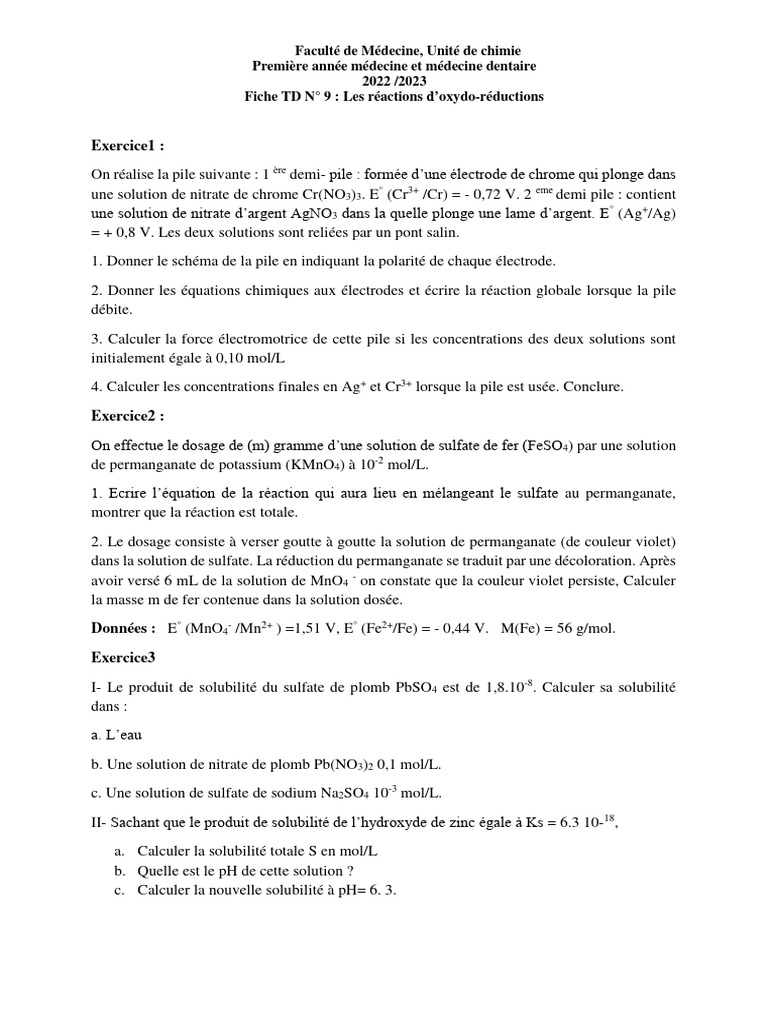Réactions d'oxydo-réduction en TD Médecine | PDF