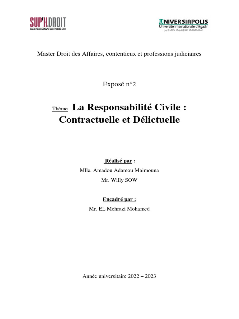 Responsabilité Civile : Contrat et Délit | PDF | Dégâts | Débiteur