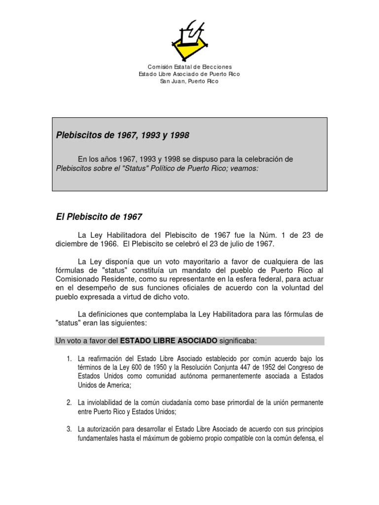 Plebiscites On Puerto Rico's Political Status 1967, 1993, 1998 | PDF ...