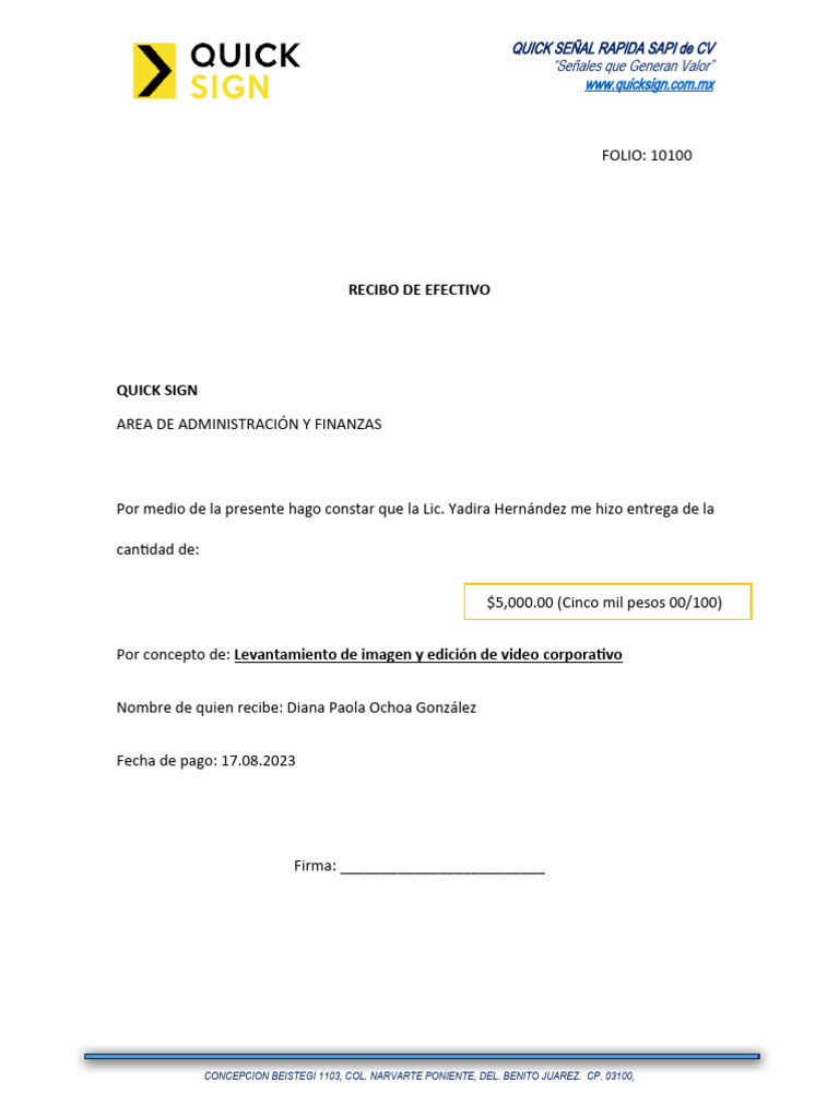 Formato Recepción Efectivo QSR | PDF