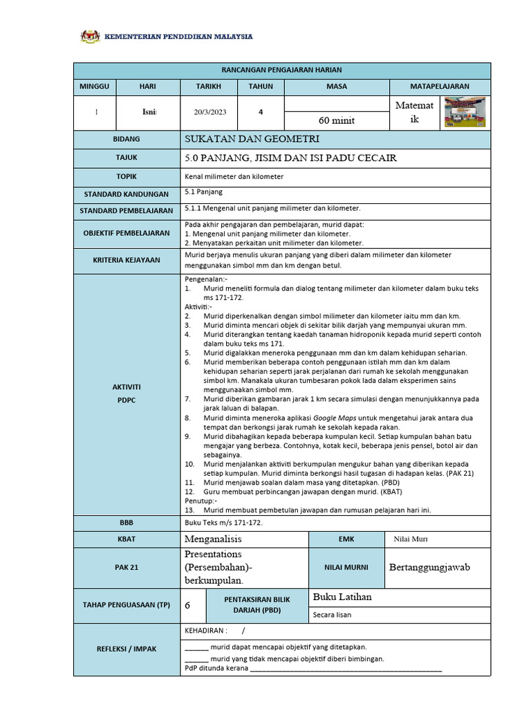 RPH MT Tahun 4 Tajuk 5 | PDF