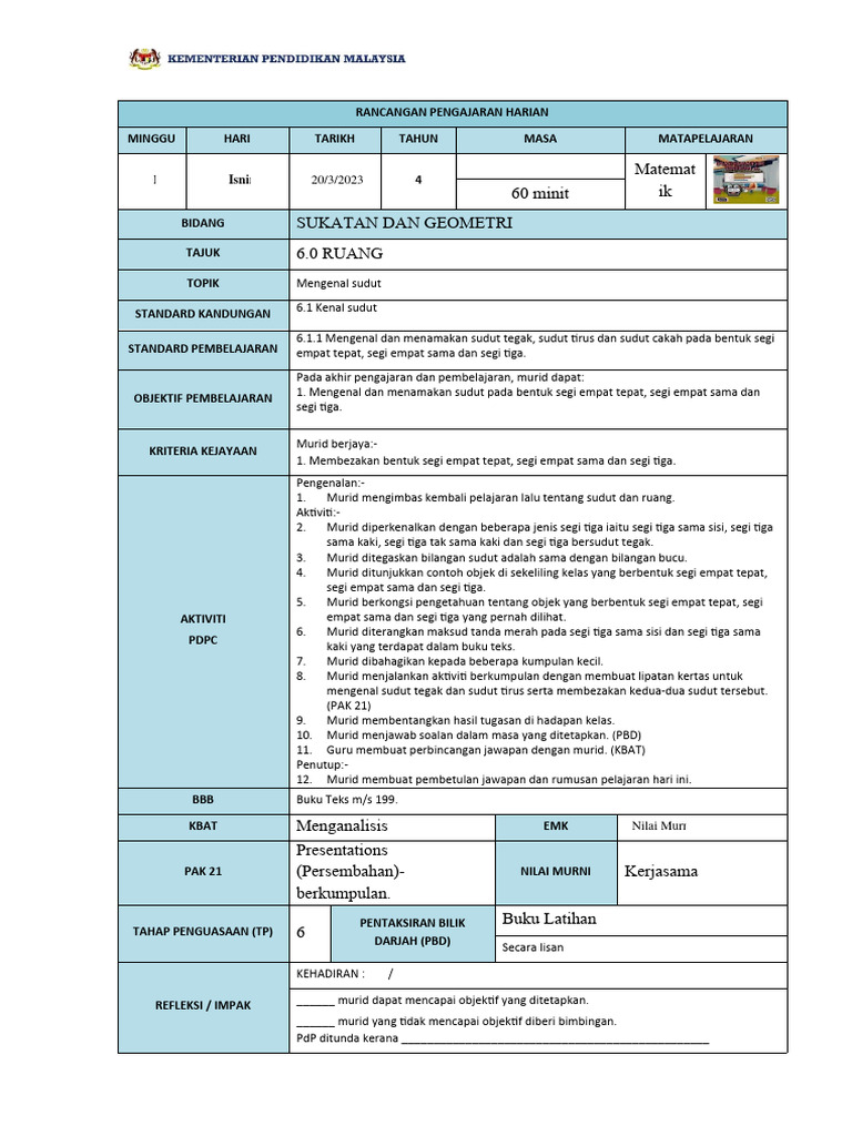 RPH MT Tahun 4 Tajuk 6 | PDF