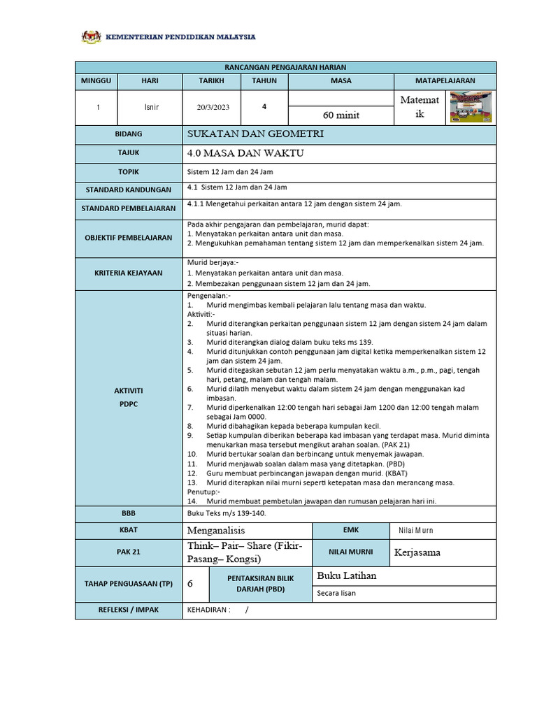 RPH MT Tahun 4 Tajuk 4 | PDF