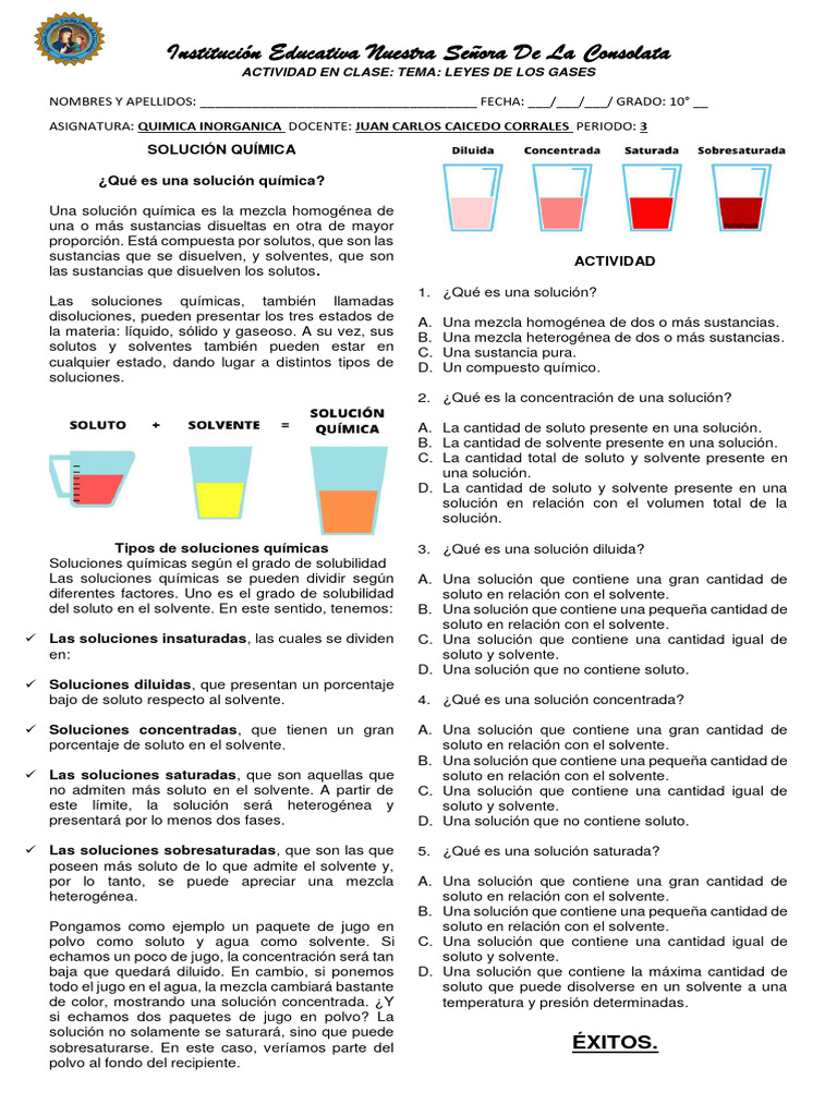 Taller de Quimica General 9° Las Soluciones 3P 2023 | PDF | Concentración | Solubilidad