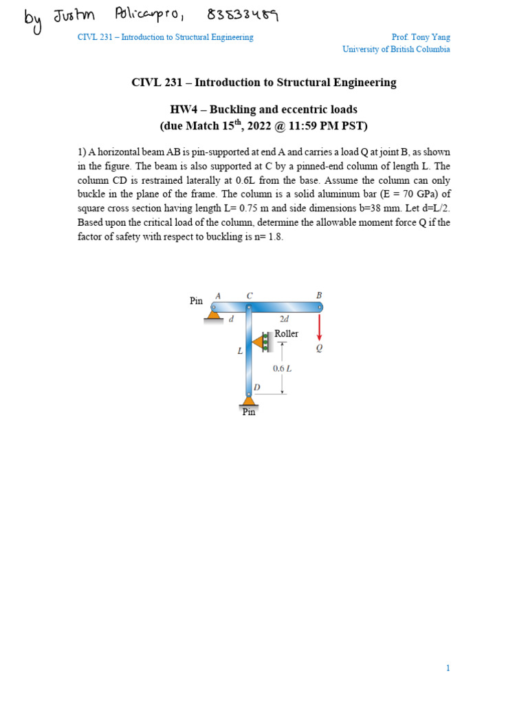 CIVL 231 - Introduction To Structural Engineering HW4 - Buckling and ...