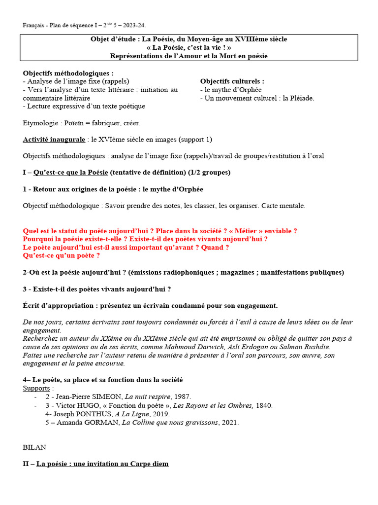 PLan de Séquence I La Poésie 2023-24 | PDF