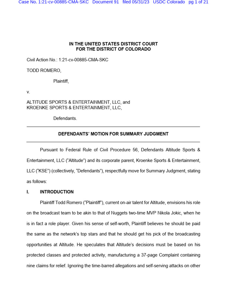 Romero v. Altitude: Defendants' Motion For Summary Judgment | PDF | Law