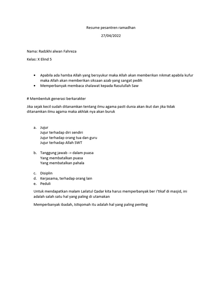 Resume Materi Pesantren Ramadhan MI | PDF