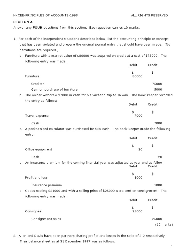 HKCEE 1998 Principles of Accounts Exam | PDF | Debits And Credits ...