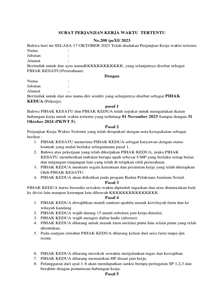 Surat Perjanjian Kerja Waktu Tertentu | PDF